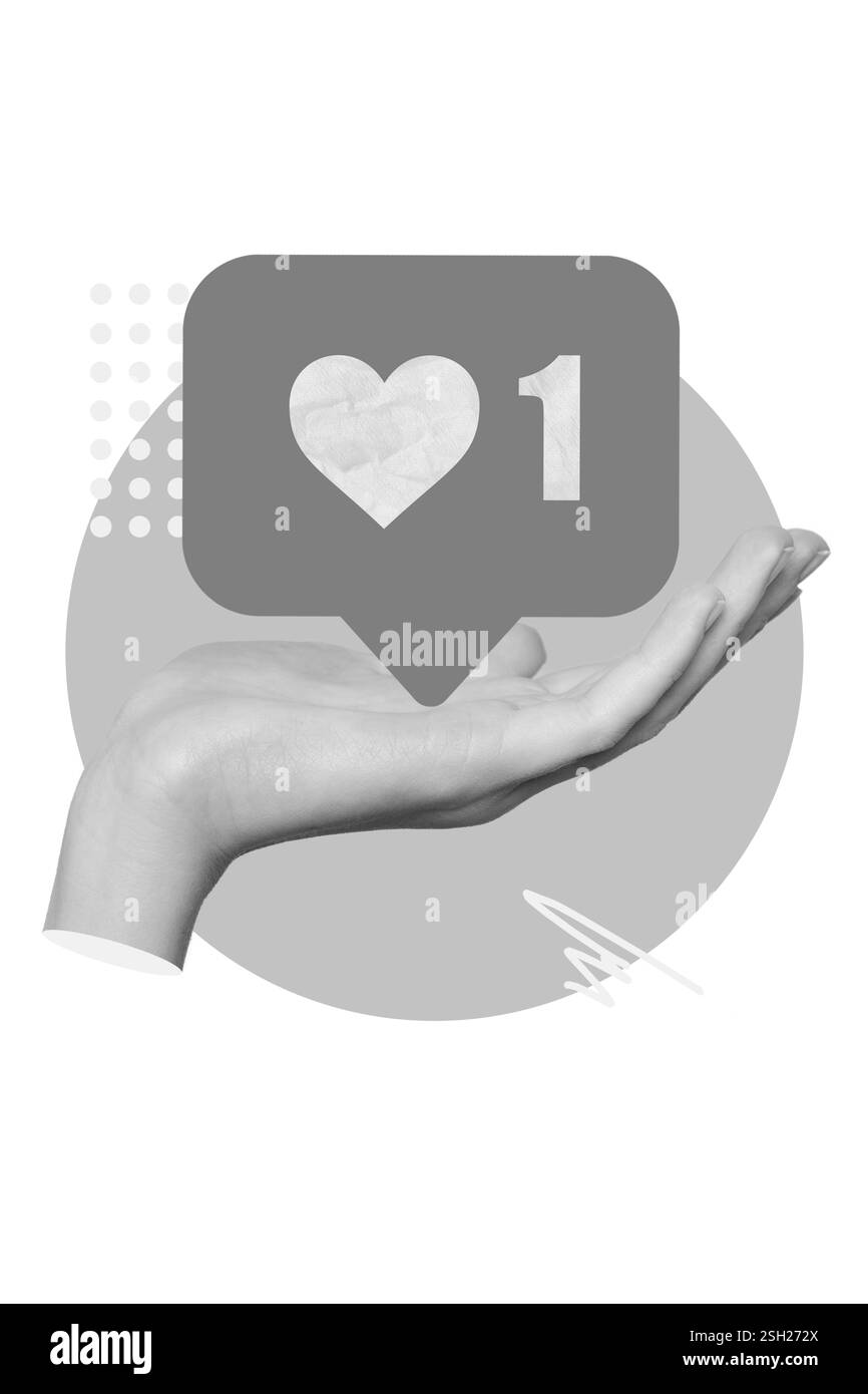 Vertical collage illustration of arm palm hold like notification ...