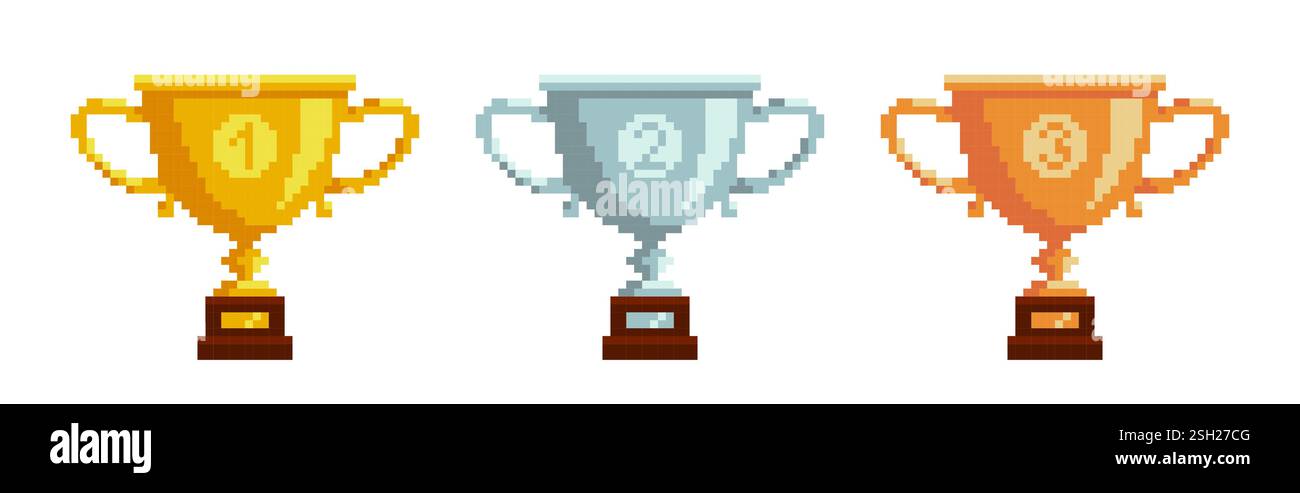 Pixel winner cups. Golden silver and bronze award, competition prize ...
