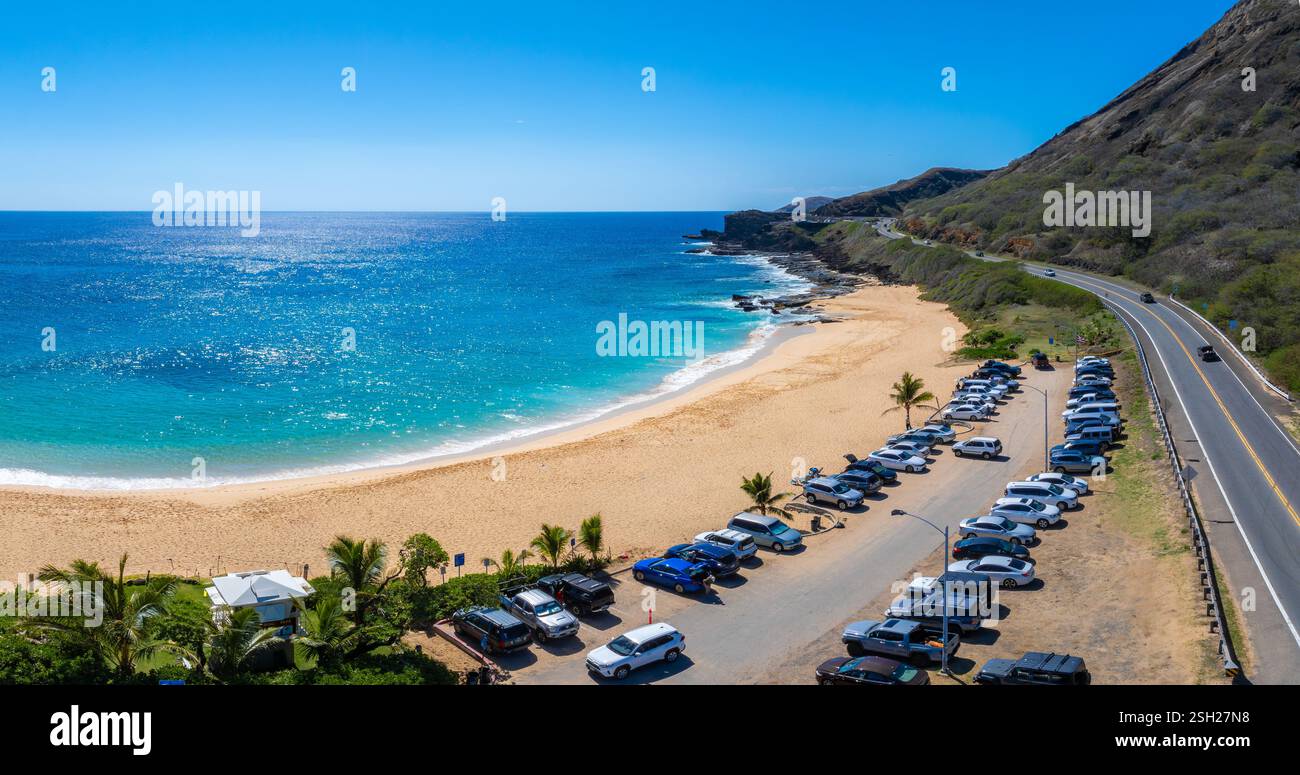 Aerial View of Oahu Beach with Coastal Road and Turquoise Waters Stock ...