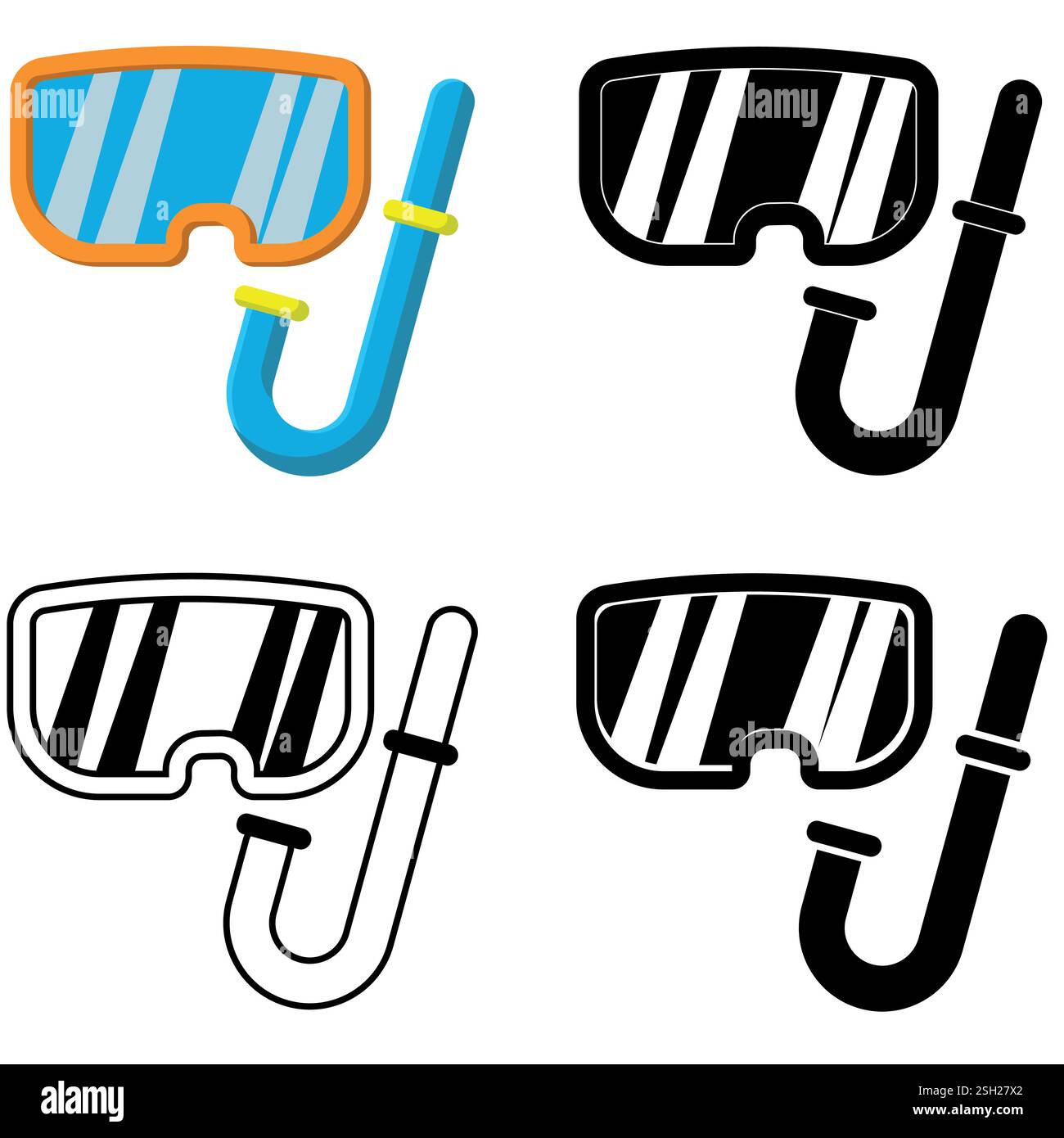 Set of diving snorkel and goggles in black and white, knockout and ...