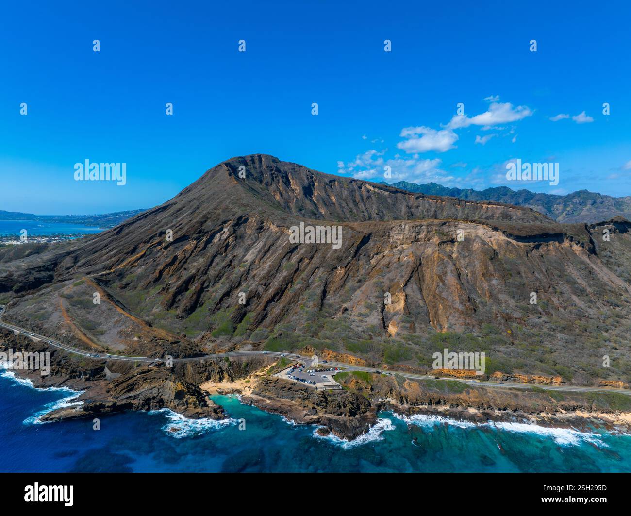Aerial View of Diamond Head Crater and Coastal Road in Oahu, Hawaii ...