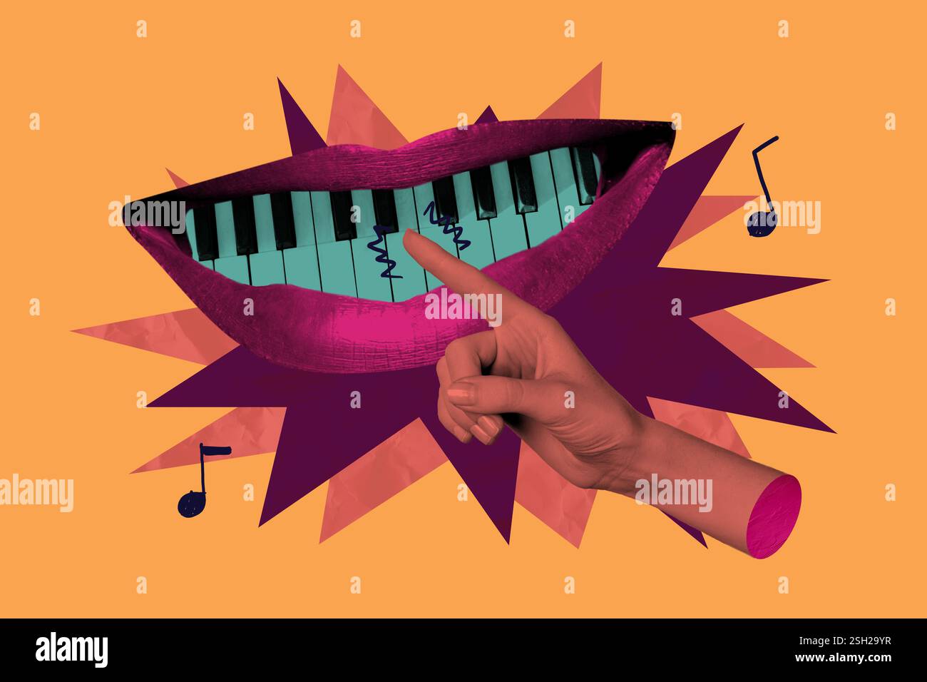 Collage poster trend artwork sketch of mouth lips teeth piano notes ...