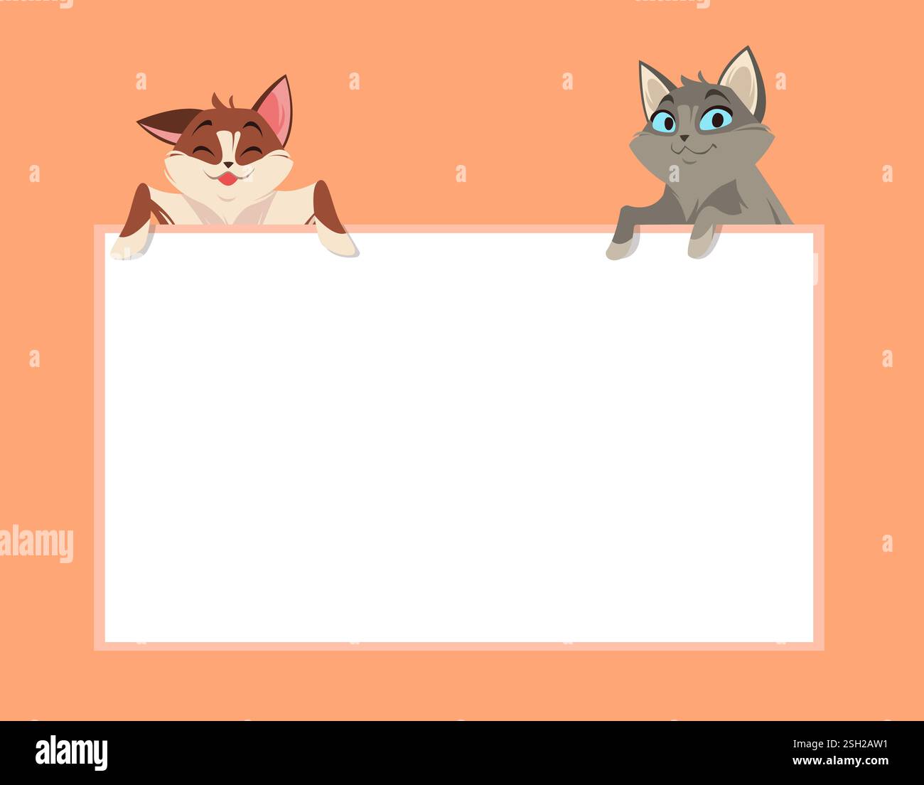 Two cats holding white blank sheet paper. Empty banner for advertising ...