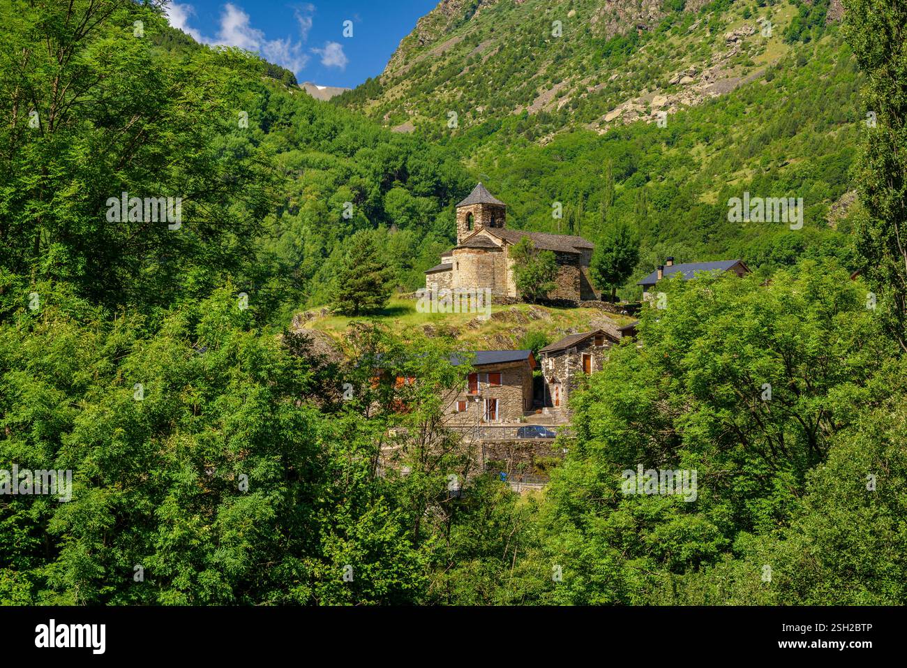 Romanesque church of Sant Vicenç de Capdella, on a summer morning in ...