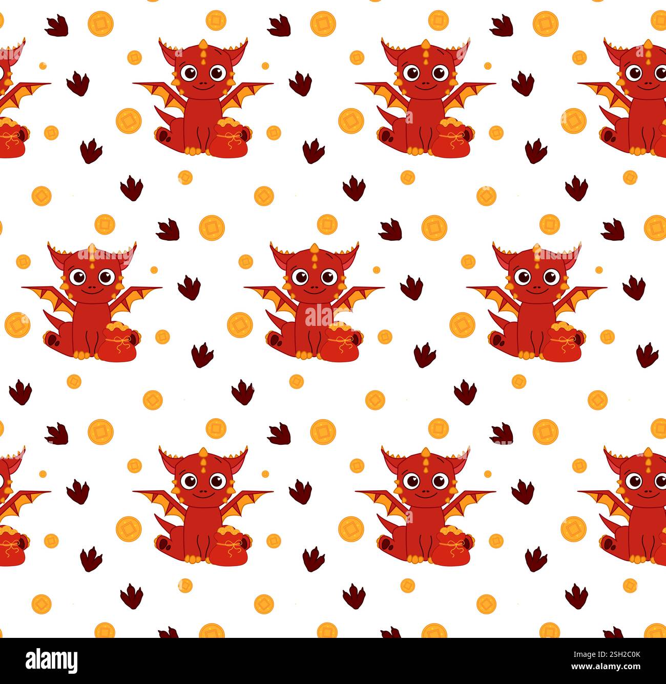 Cute red Dragons with footsteps and gold coins vector seamless pattern ...