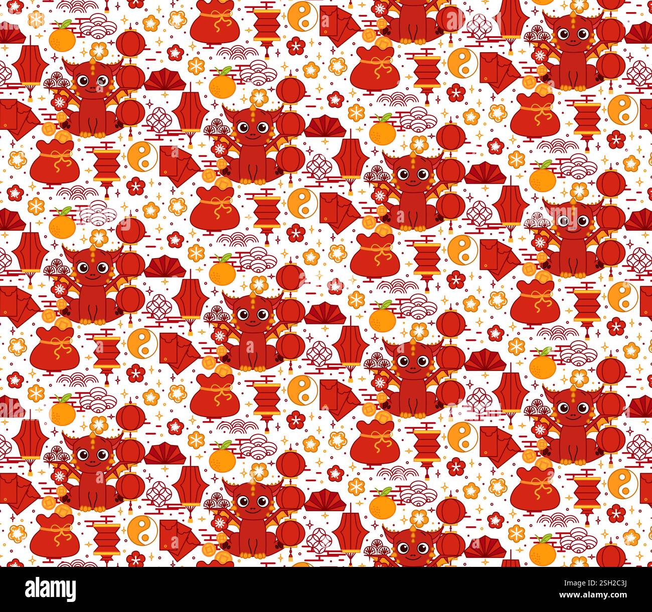 Chinese New Year 2036 red dragon seamless pattern background. Red and ...