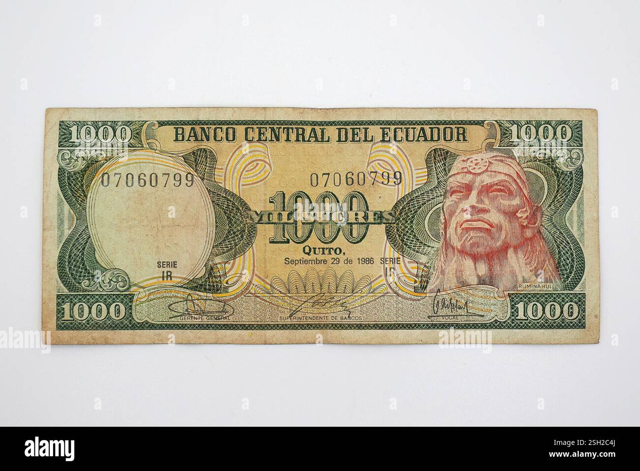 1000 sucres banknote, Rumiñawi (Inca warrior), Ecuador, South America ...