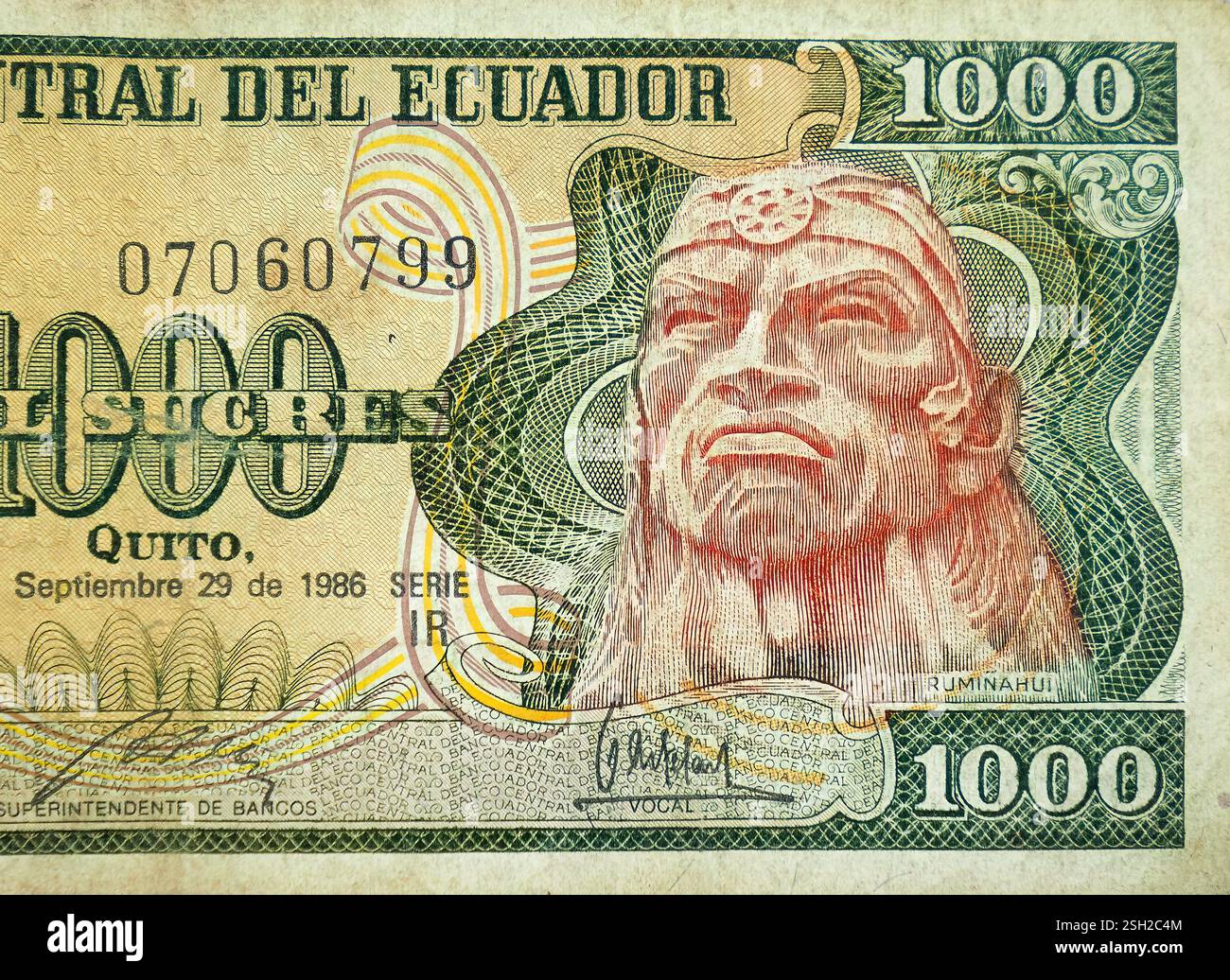 1000 sucres banknote, Rumiñawi (Inca warrior), Ecuador, South America ...