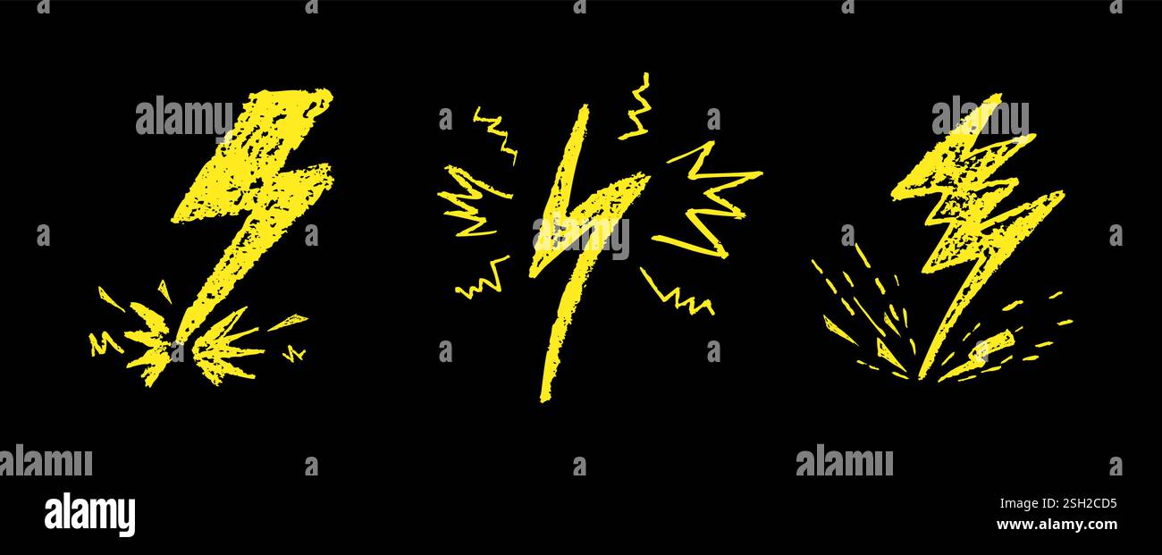 Set of lightning by wax pencil drawing. Collection of handdrawing chalk ...