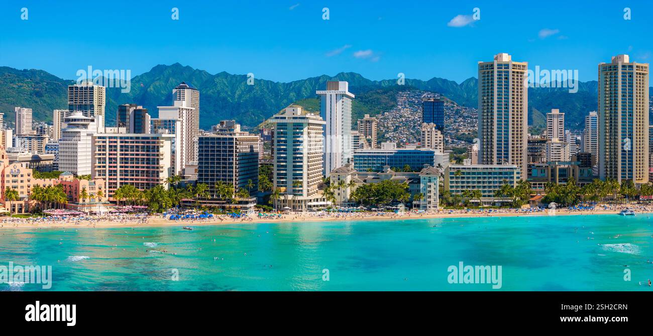 Aerial View of Waikiki Beach and Honolulu Skyline in Oahu, Hawaii Stock ...