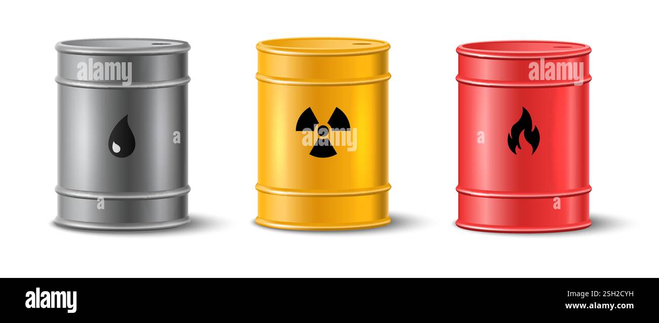 Metal drums for oil, gasoline and chemical wastes. Realistic isolated ...