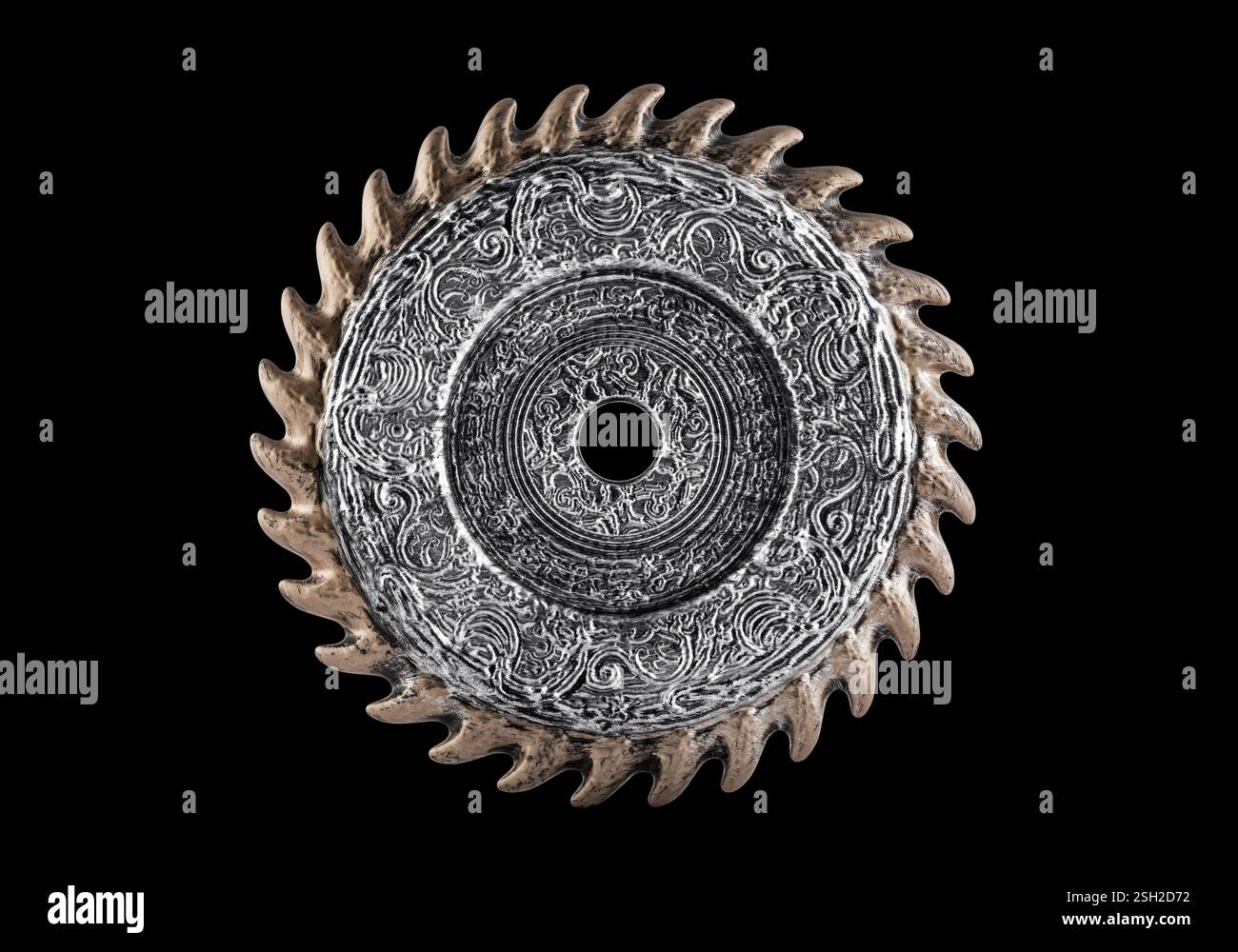Old decorated metal saw blade isolated on black background with cliping ...