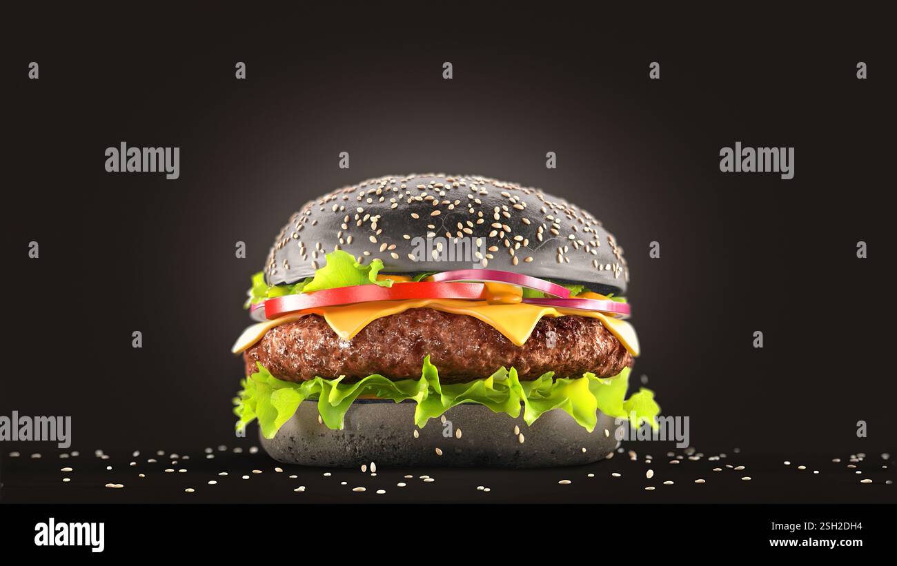 Beef hamburger with cheese and black bun mockup, dark background, 3d ...