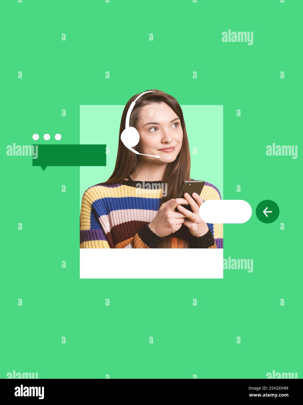 Contemporary art collage. Woman in white headset, holding phone, looking thoughtful, with ...