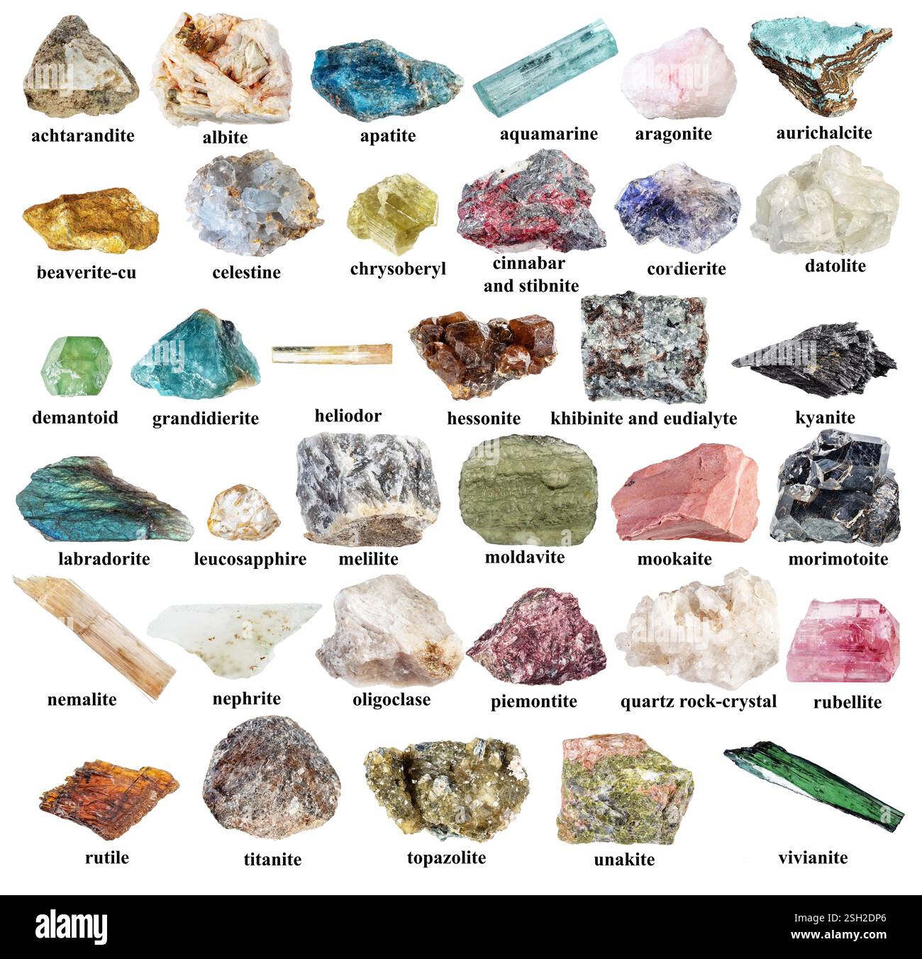 specimens of various raw minerals with names cut out on white ...