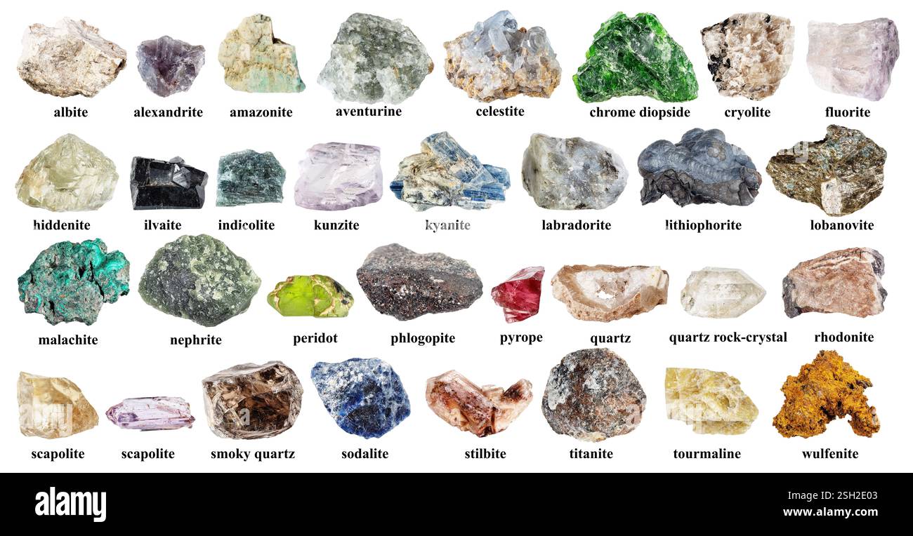 samples of various rough rocks with names cut out on white background ...