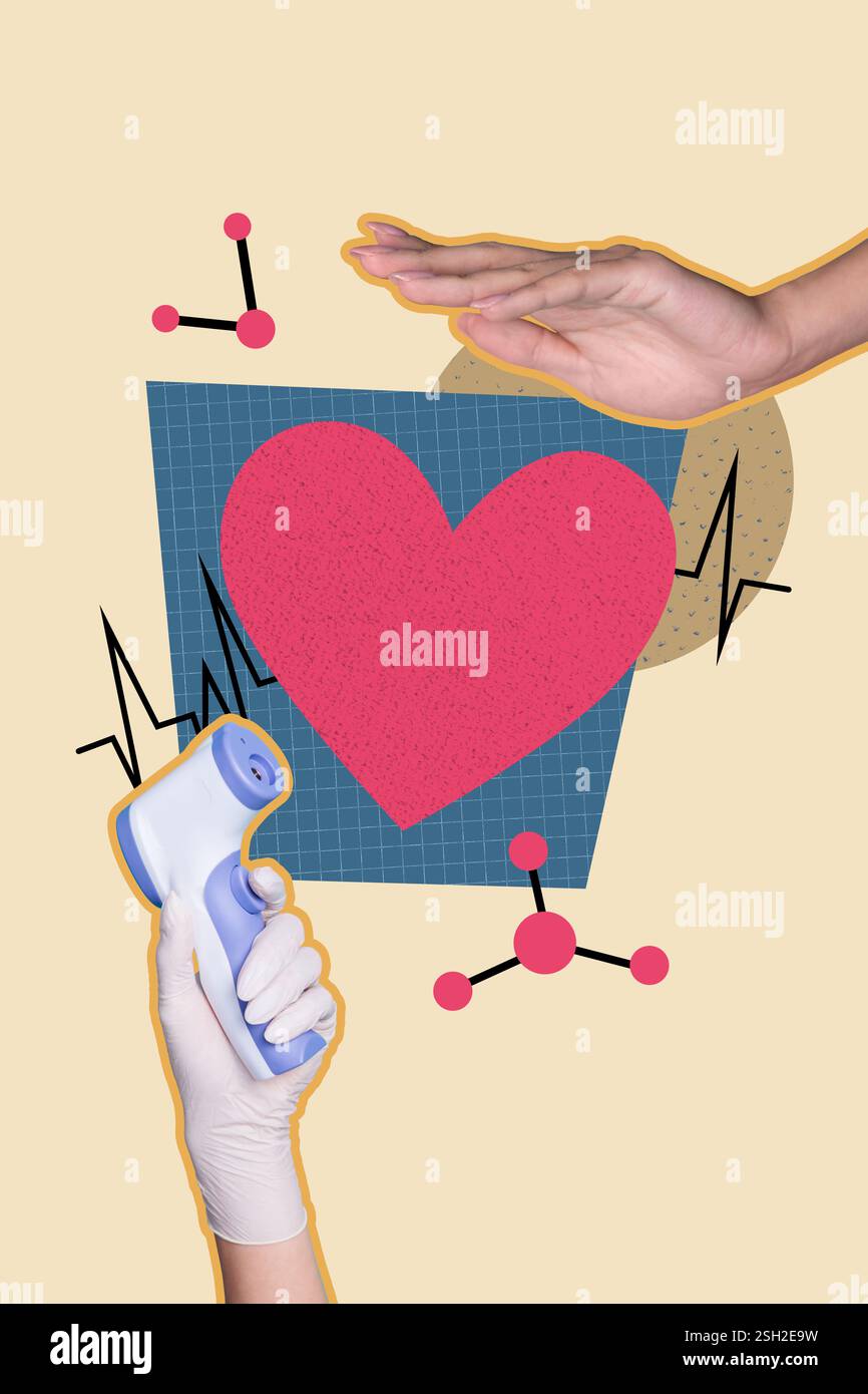 Exclusive vertical photo collage of hand hold contactless thermometer ...