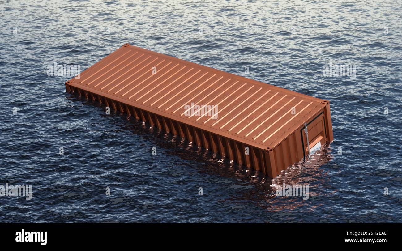 Orange metal cargo container floating in water background, 3d rendering ...