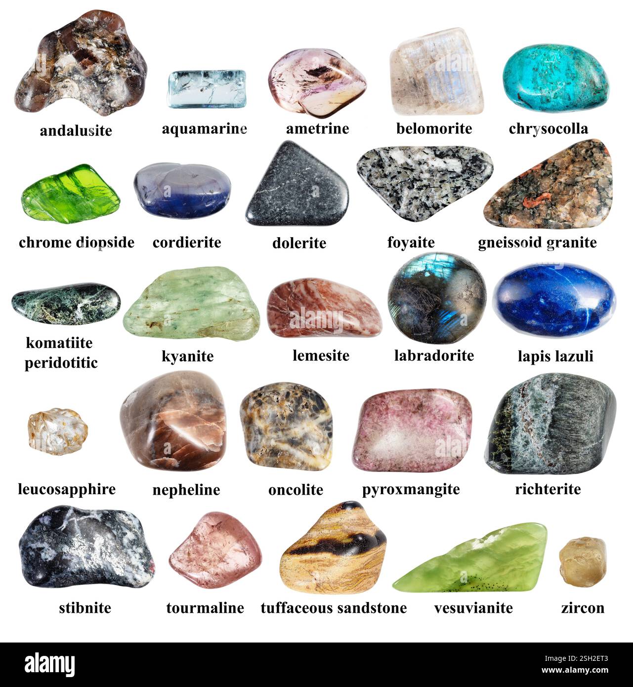 various samples of rolled rocks with names cut out on white background ...