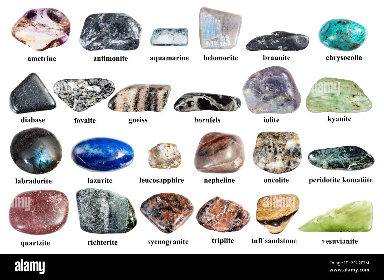 various samples of tumbled rocks with names cut out on white background ...