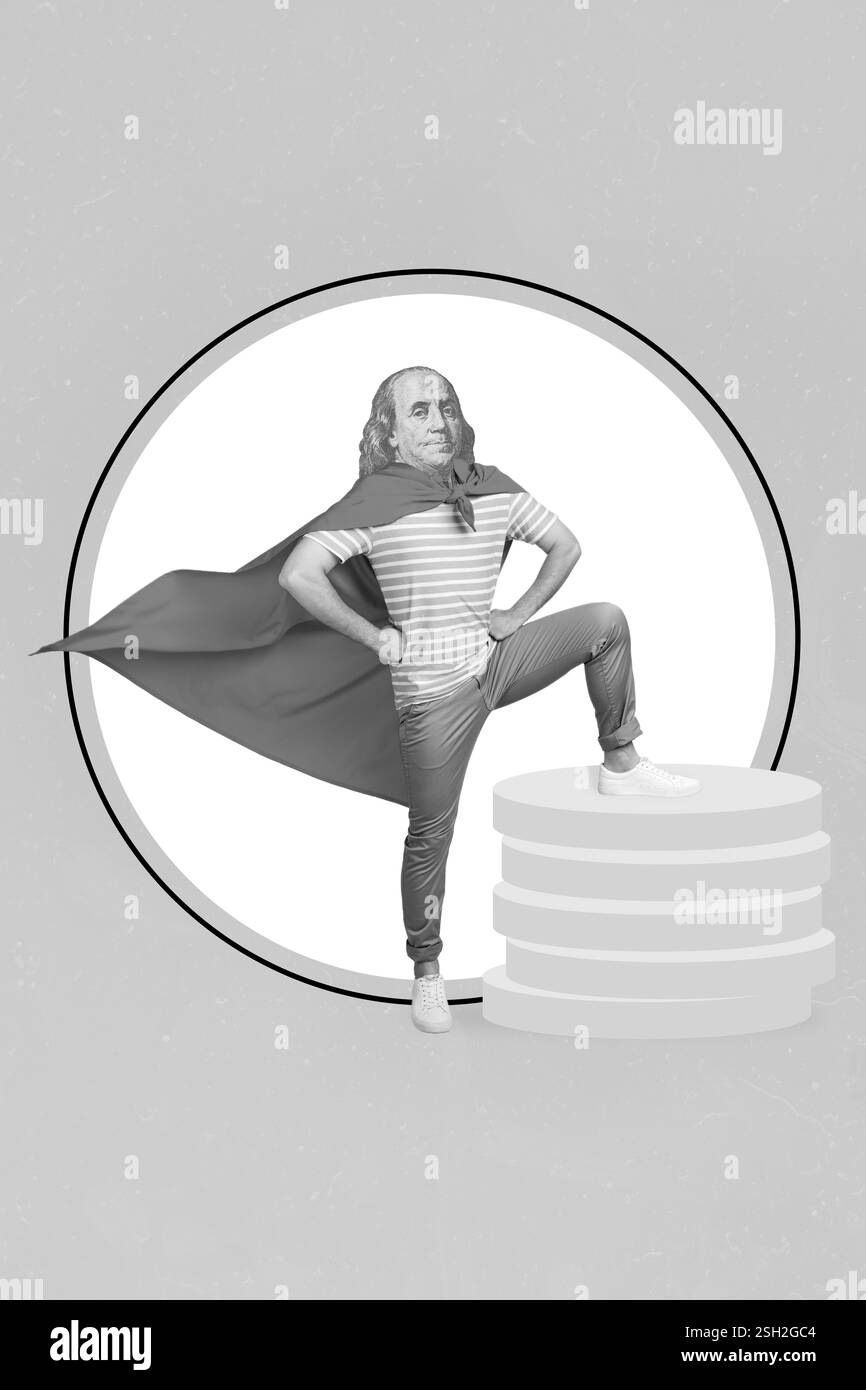 Collage photo of young superhero head benjamin franklin economics ...