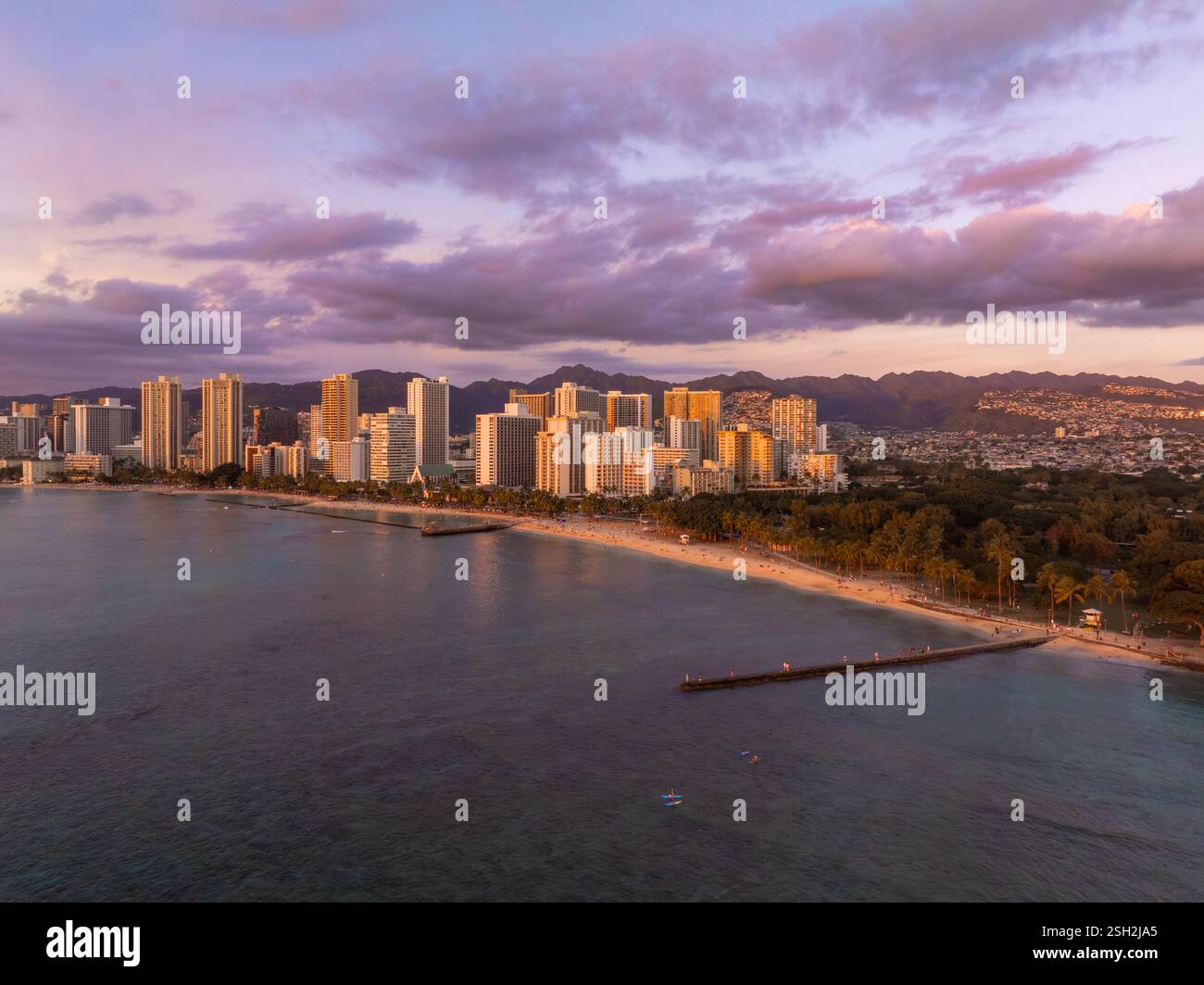 Aerial View of Waikiki Beach and Honolulu at Sunset in Oahu, Hawaii ...
