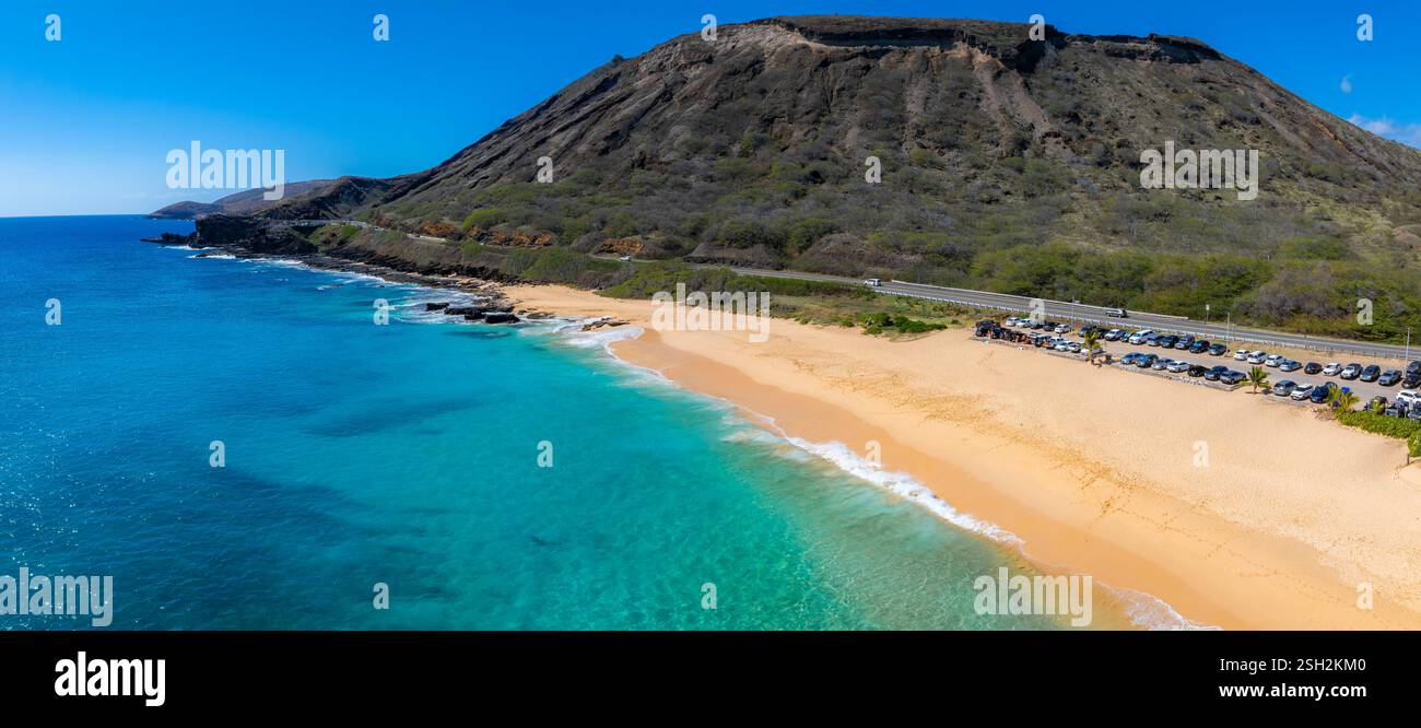 Aerial View of Oahu Beach with Rocky Hill and Turquoise Waters Stock ...