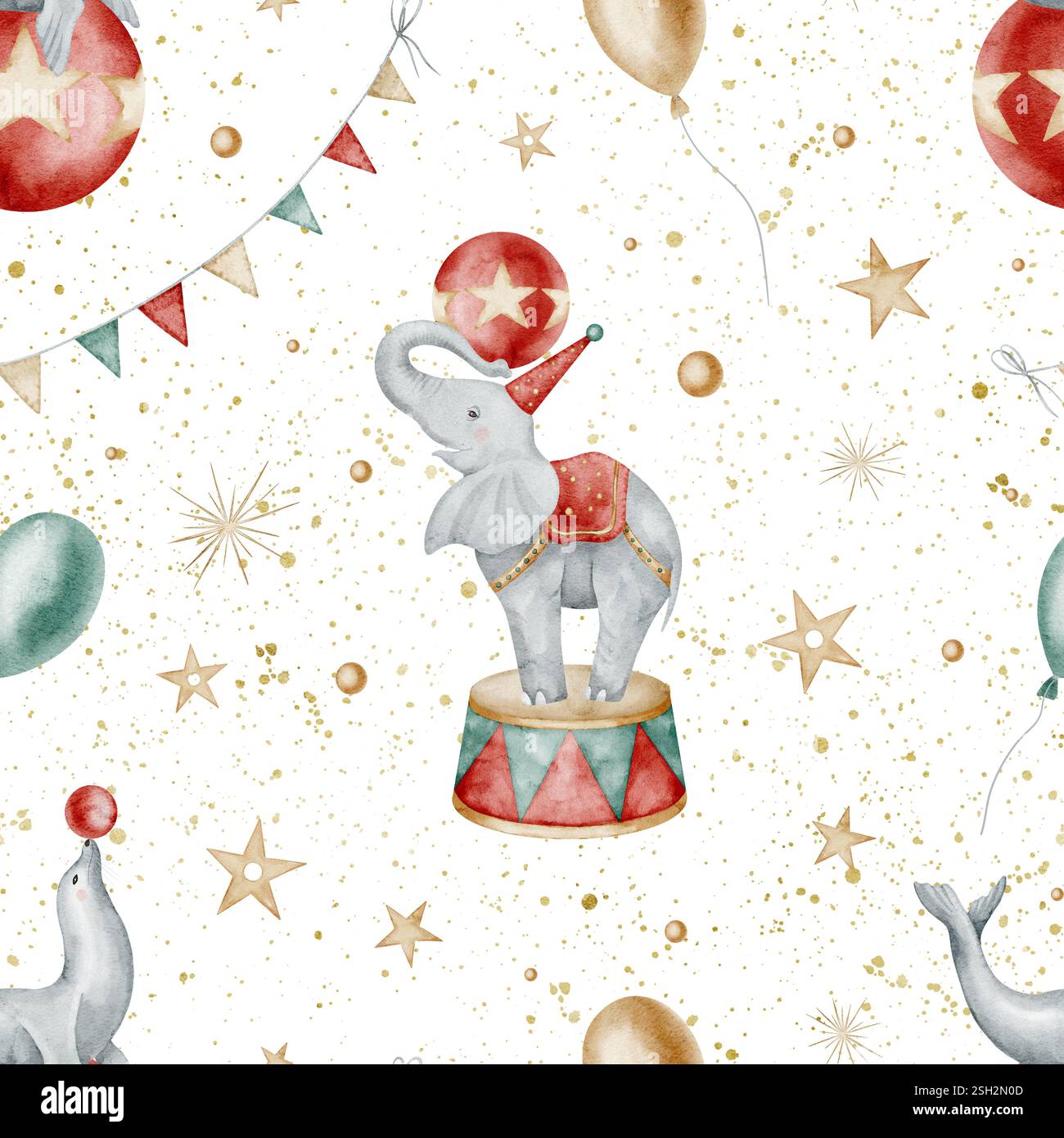 Watercolor seamless pattern with Circus elephant and seal with by stars ...