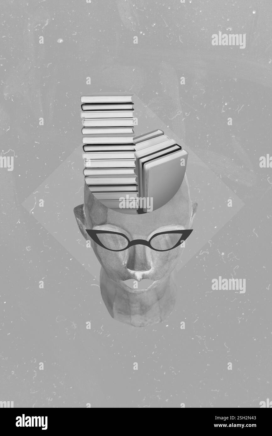 Collage artwork photo of head empty skull brainstorming book inside ...