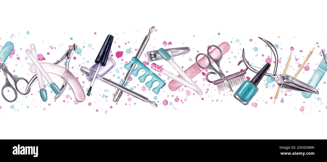 Hand painted manicure tools on watercolor colored stains horizontal ...