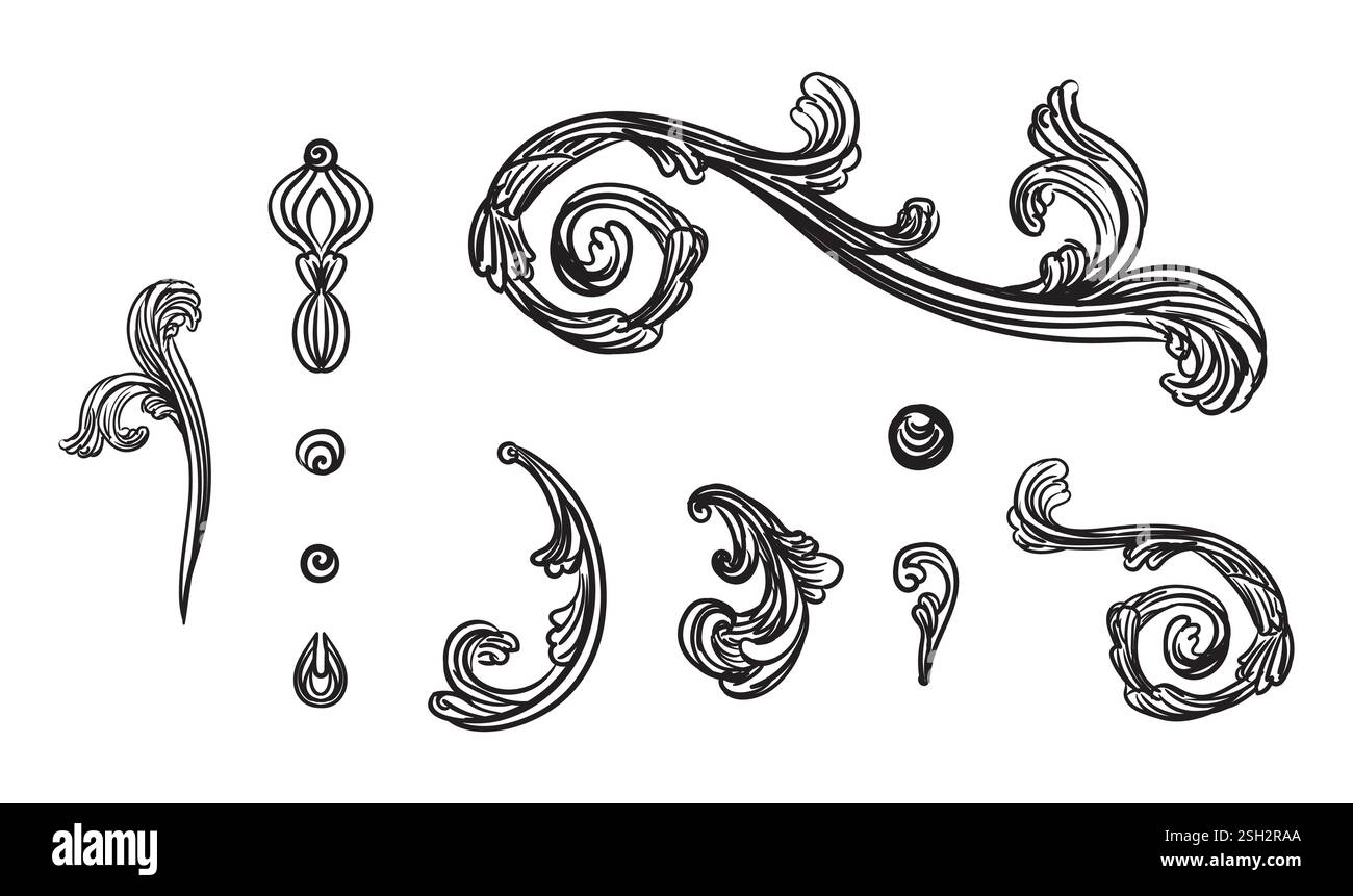 Baroque vintage element with arabesque and flourish motif. Sketch of ...
