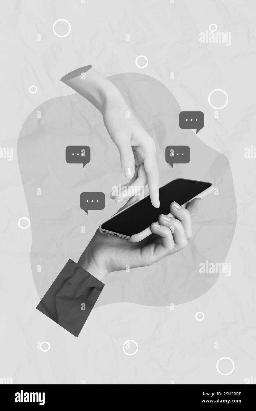Vertical collage picture of arm hold telephone fingers typing chatting ...