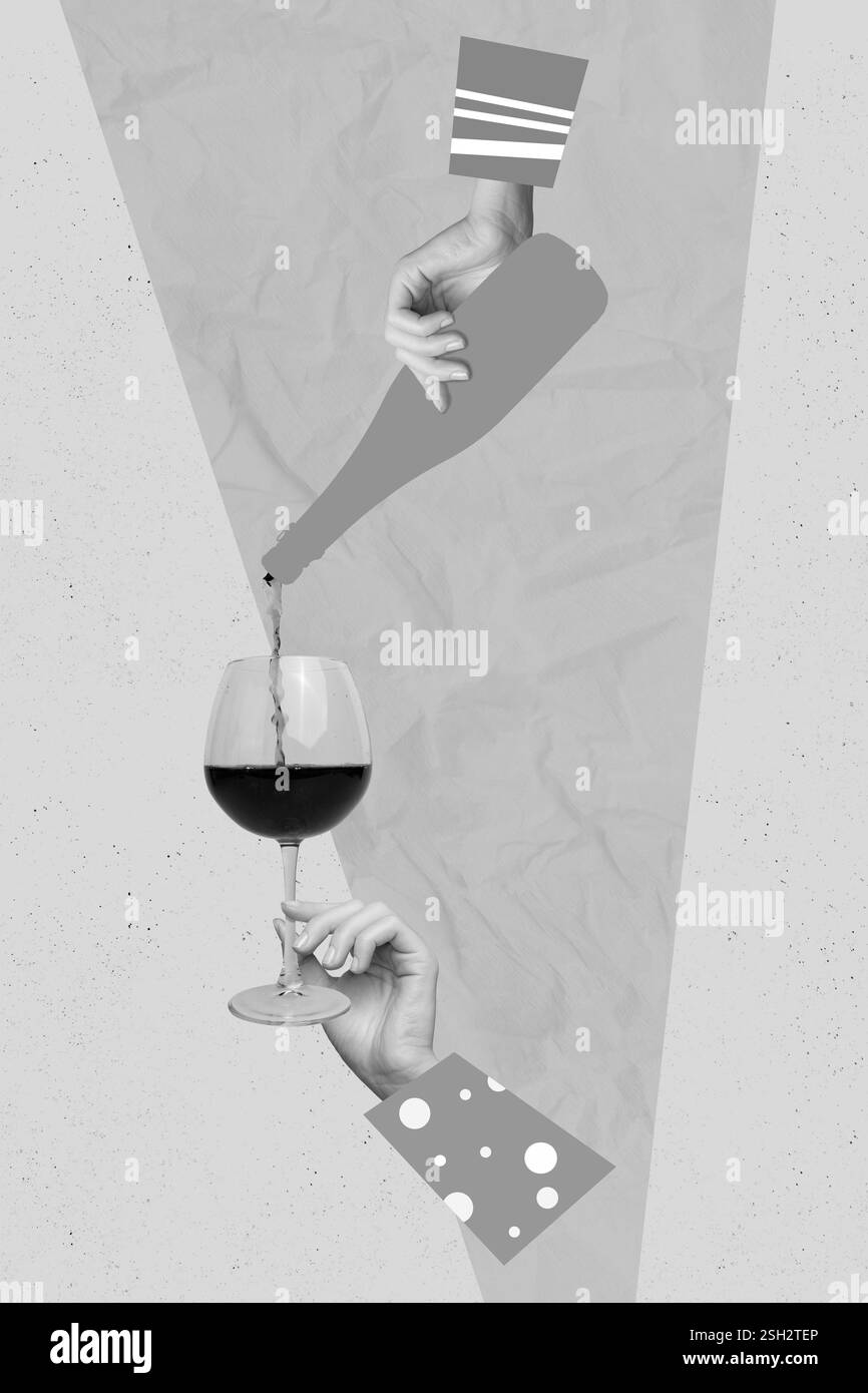 Artwork photo collage of hand holding wine glass tasty drink pour ...
