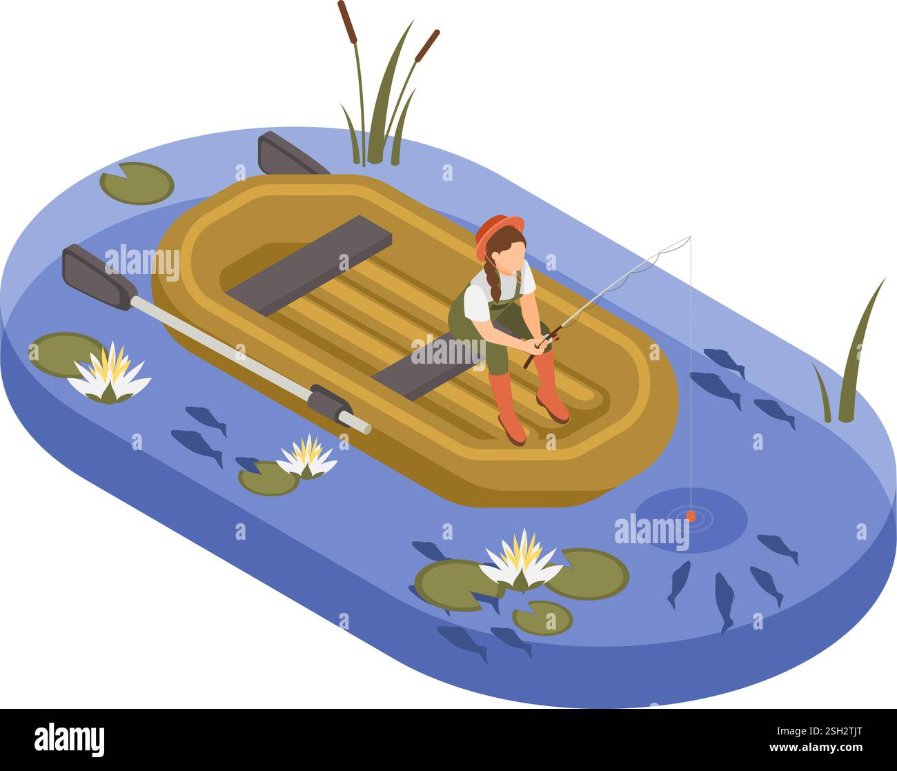 Alone fishing woman with rod sitting in rubber boan in pond. Female ...