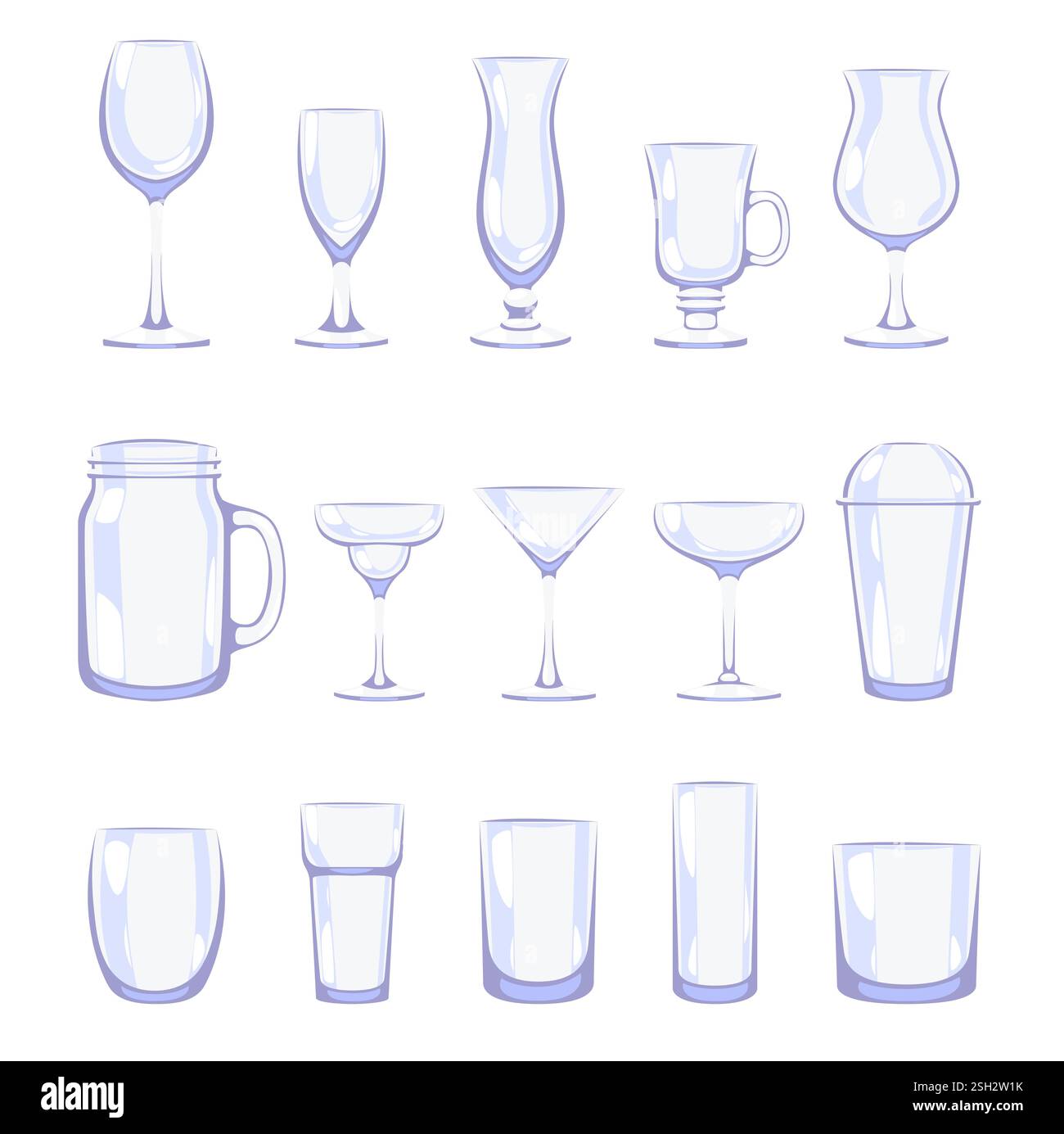 Set glass drinking glasses. Transparent empty glassware for water, wine ...