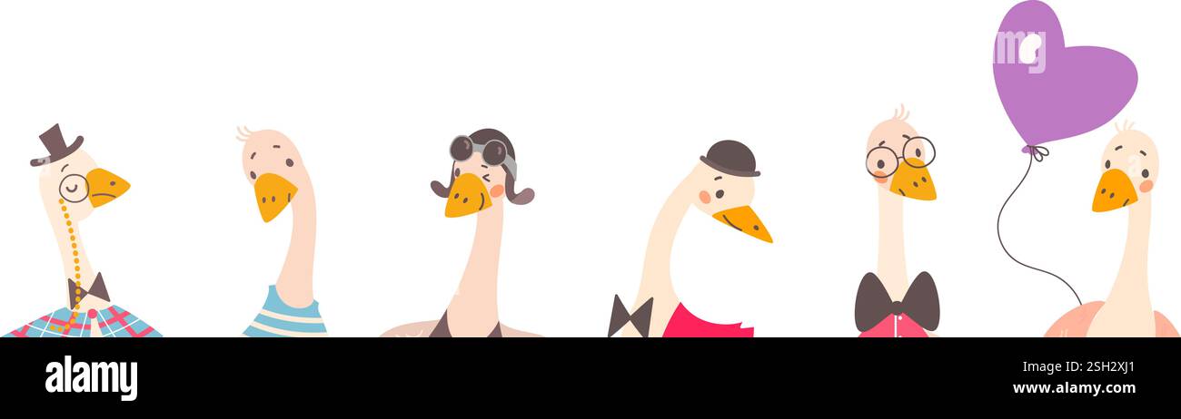 Goose heads banner. Cartoon geese in different emotions and hats ...