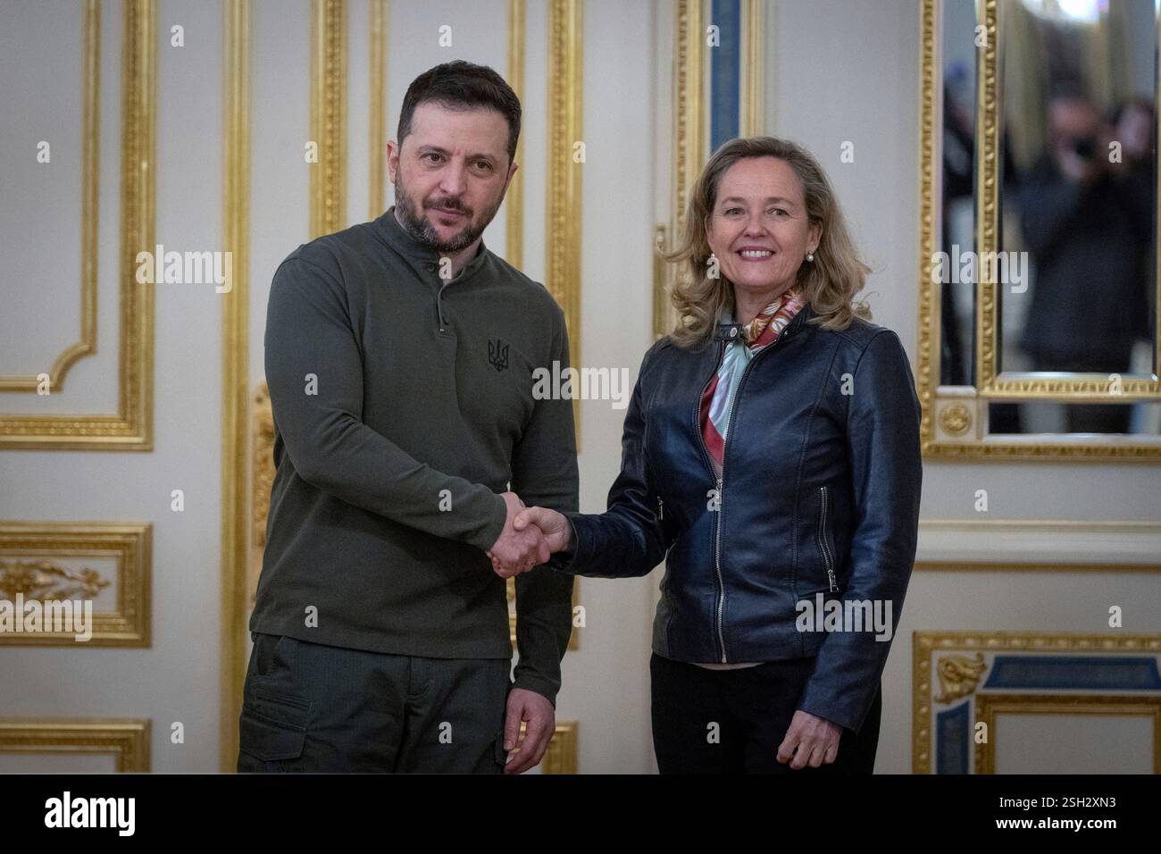 President of the European Investment Bank Nadia Calvino shakes hands ...