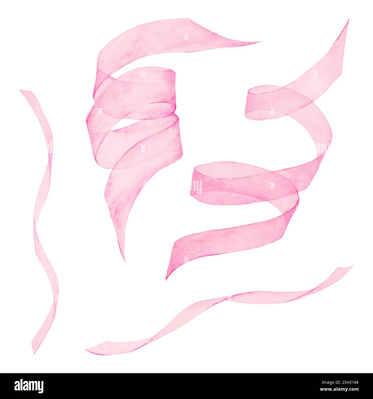 Set of hand-painted pink watercolor ribbons with elegant flowing ...
