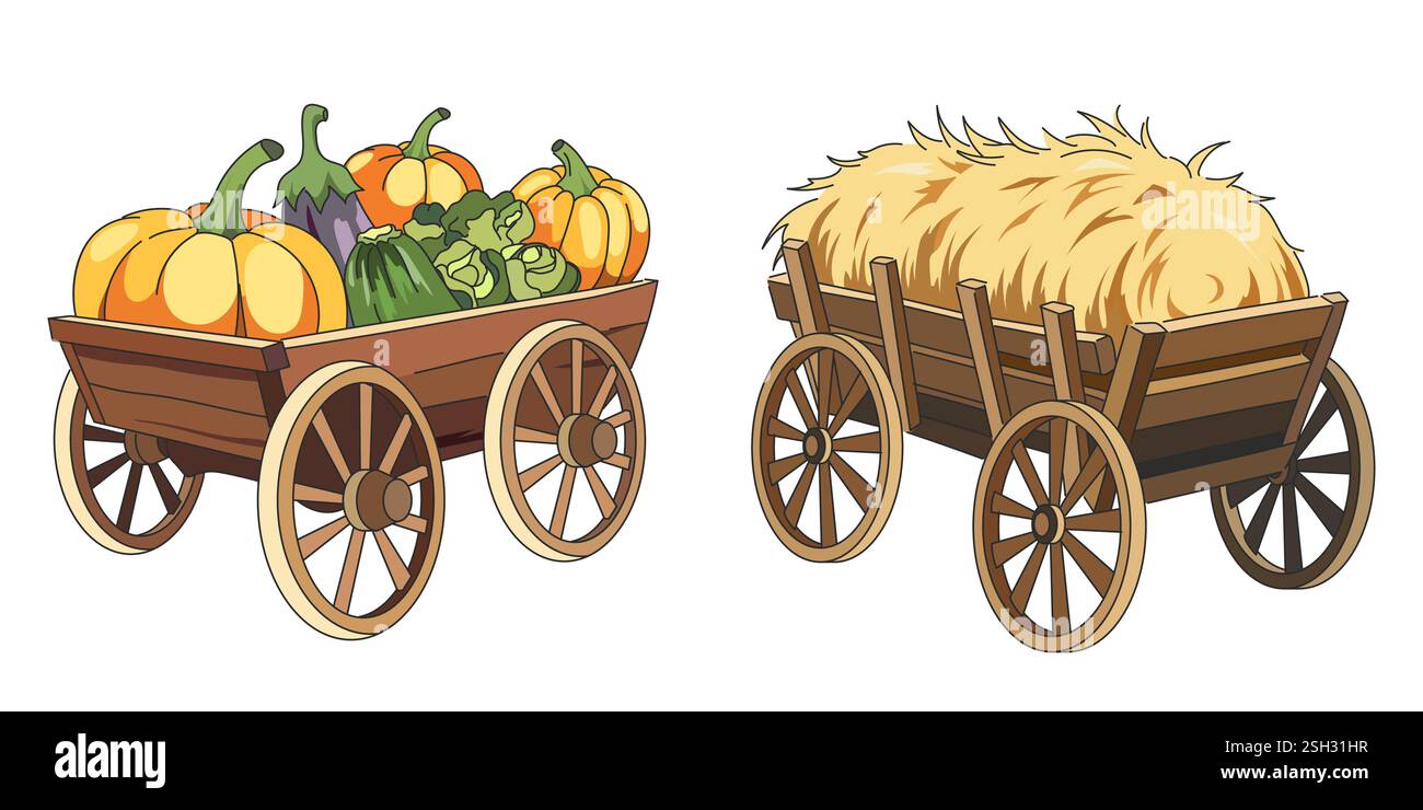 Farming wagons with harvest. Wooden carts, organic products, hay wain ...