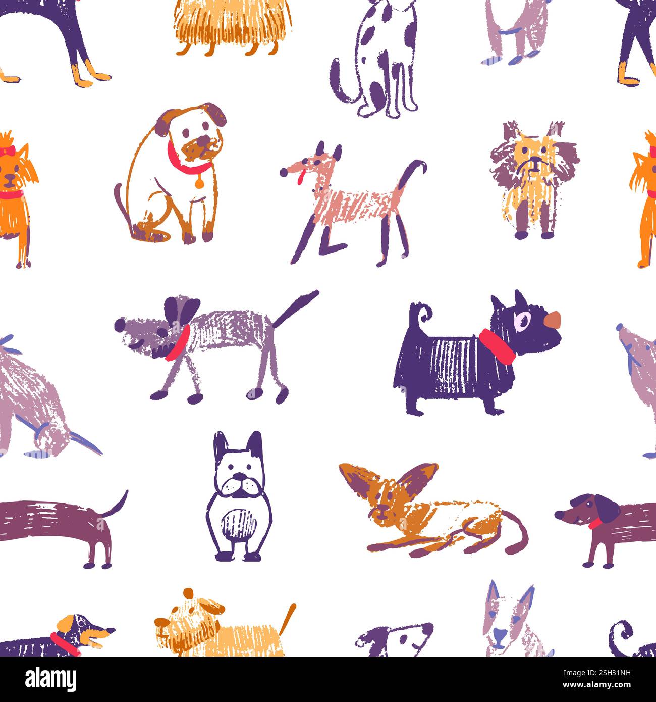 Grunge dogs seamless pattern. Crayon style drawing animals, different ...