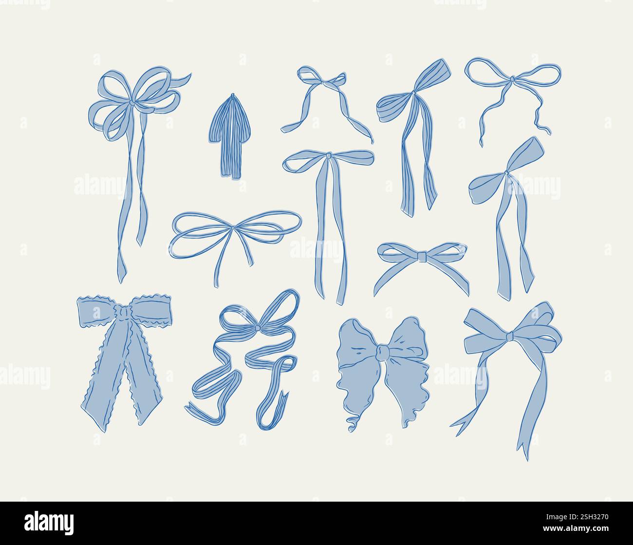 Ribbon bows hand drawn sketch drawing with fill of blue on light ...