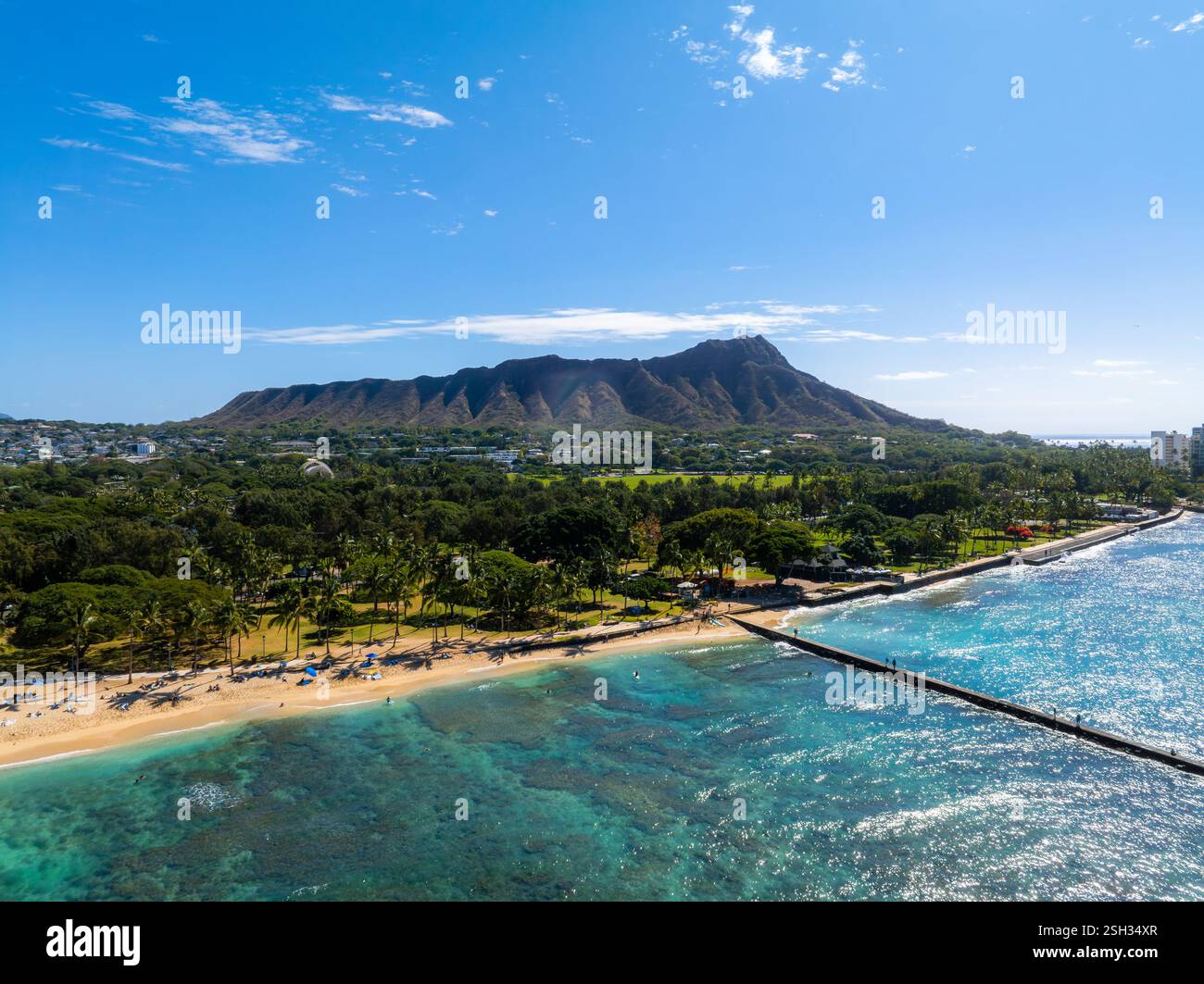 Aerial View of Waikiki Beach and Diamond Head Crater in Oahu Stock ...