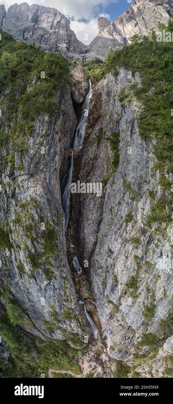 Vertical drone shot of Cascate del Pisciadù in the Dolomites, Italy ...