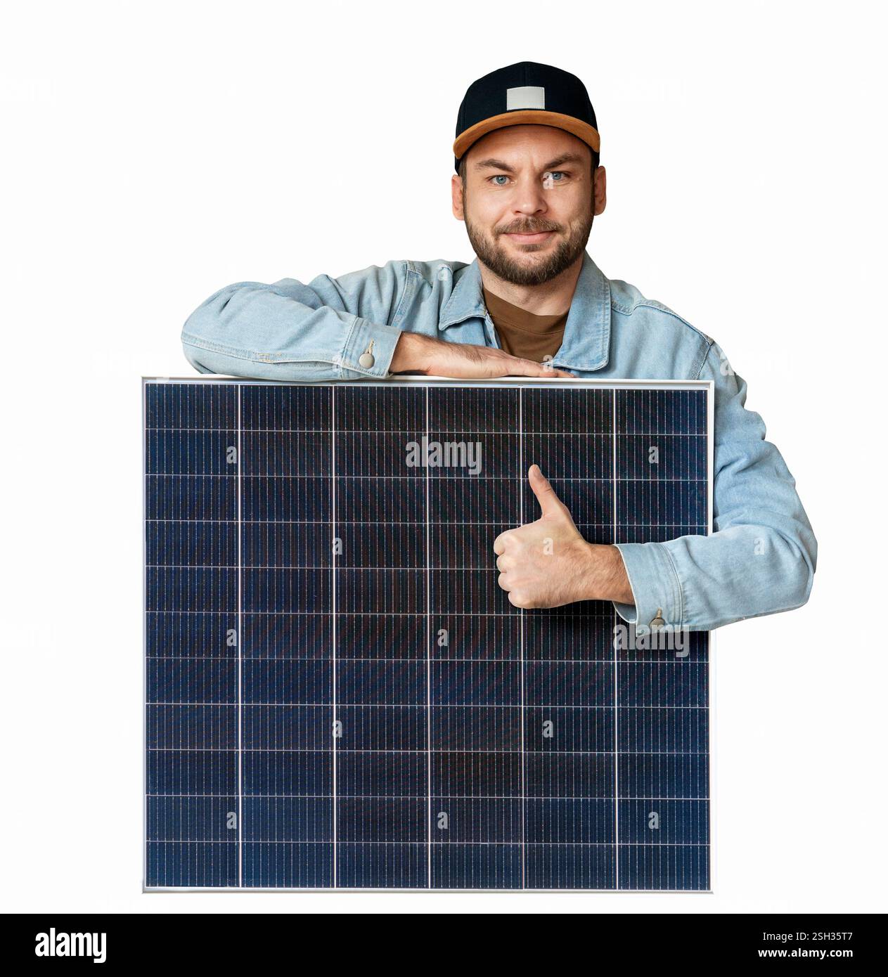 Front view cutout of a man consumer in casual attire leaning on a new ...