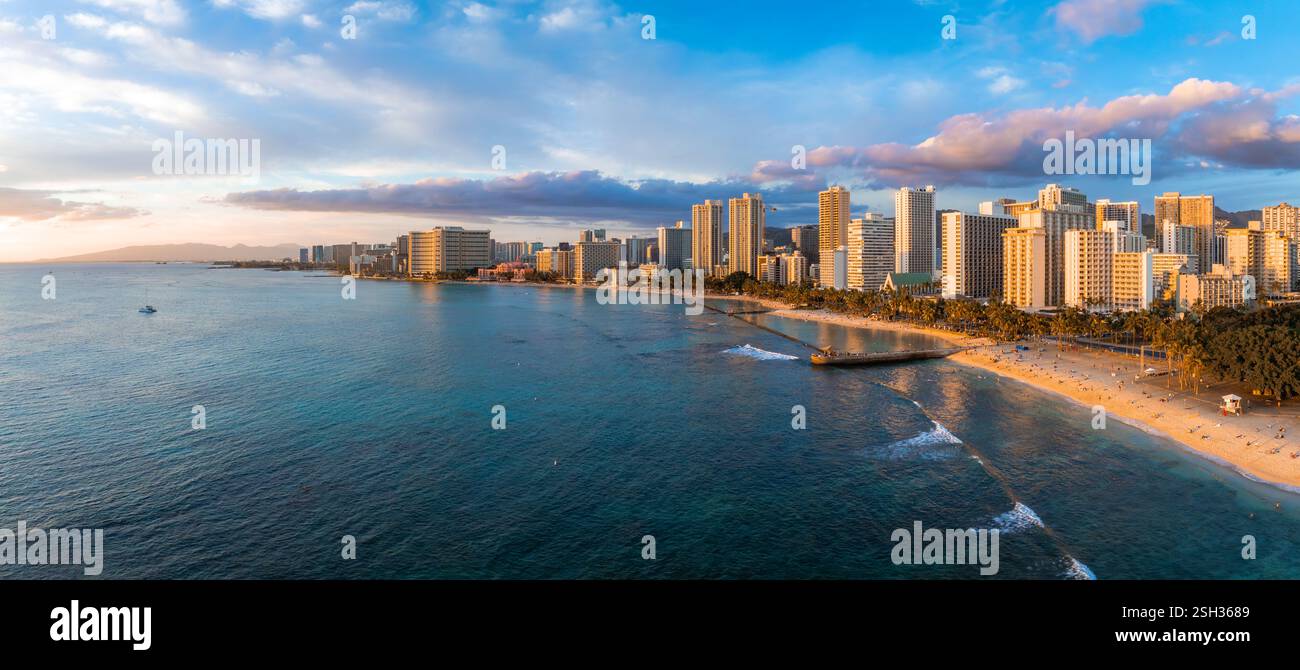 Aerial View of Waikiki Beach and Honolulu at Sunset in Oahu, Hawaii ...