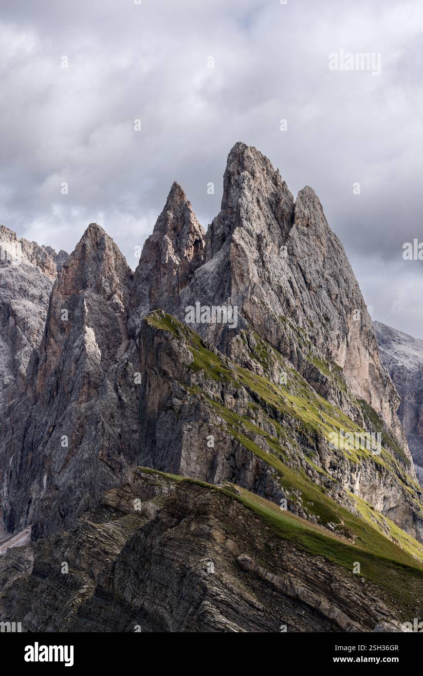 The towering Seceda peaks in the Dolomites, Italy, dominate this ...