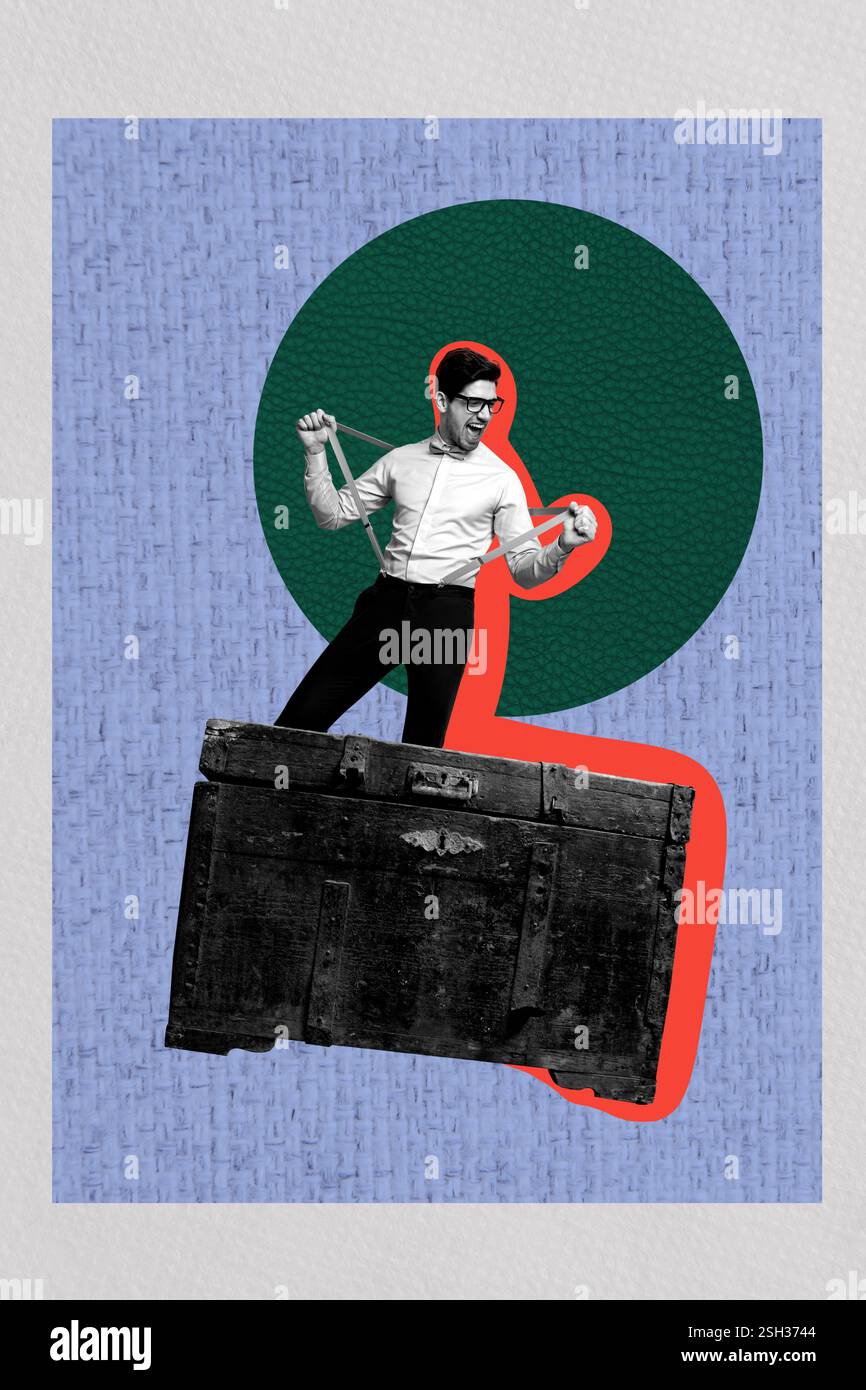 Trend artwork creative sketch 3D photo collage of vintage wooden chest ...