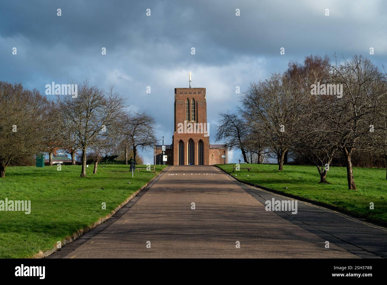 Road leading to Guildford Cathedral, an imposing building on top of ...