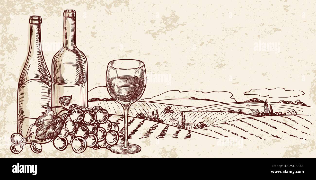 Wine glass, bottles, grape against tuscany landscape, vineyard fields. Vector hand drawn vintage ...