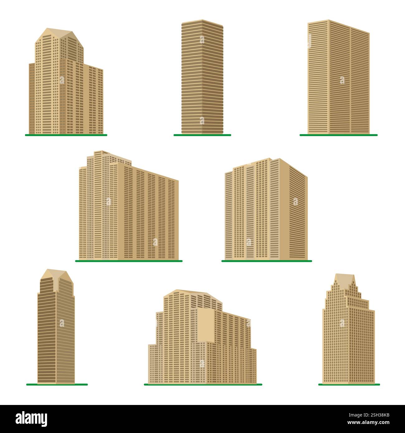 Set of eight modern high-rise building on a white background. View of ...